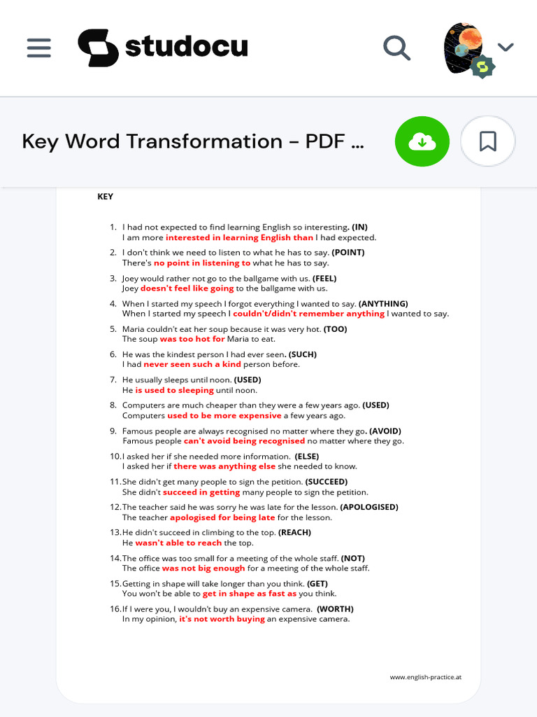 Key Word Transformation - PDF Vocabulary Worksheet - B2 - KWT004 - English-Practice B 2 Key Word ...