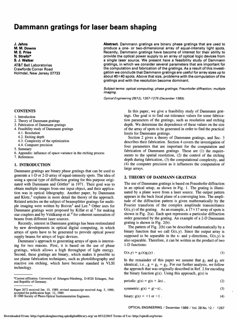 Dammann Gratings for Laser Beam Shaping | PDF | Diffraction | Optics