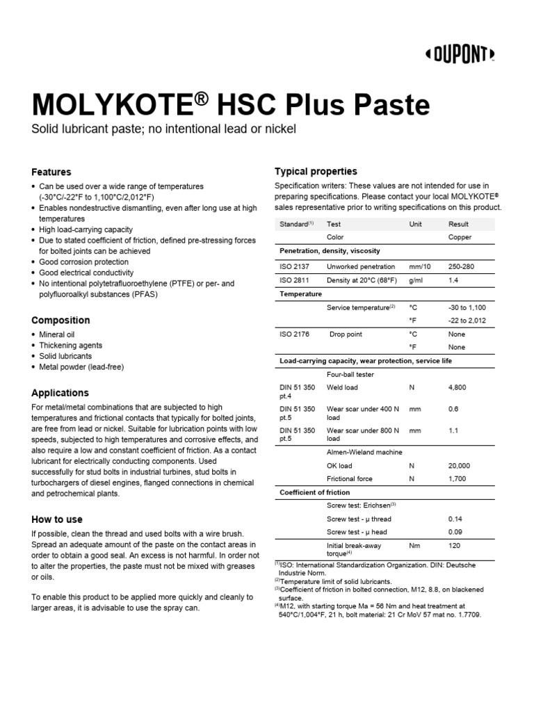 MOLYKOTE HSC Plus Paste 71-0212H-01 | PDF | Screw | Lubricant