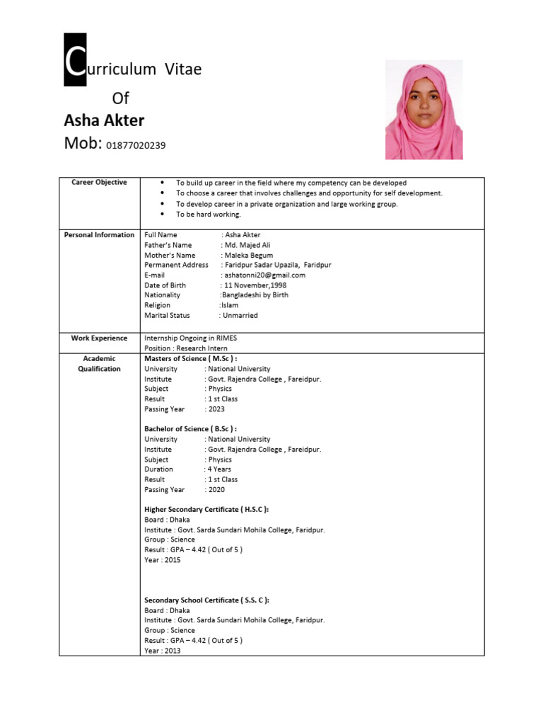 Asha Akter: Urriculum Vitae of Mob | PDF