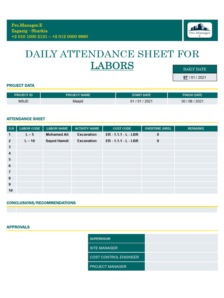 Daily Labour Attendance Sheet | PDF