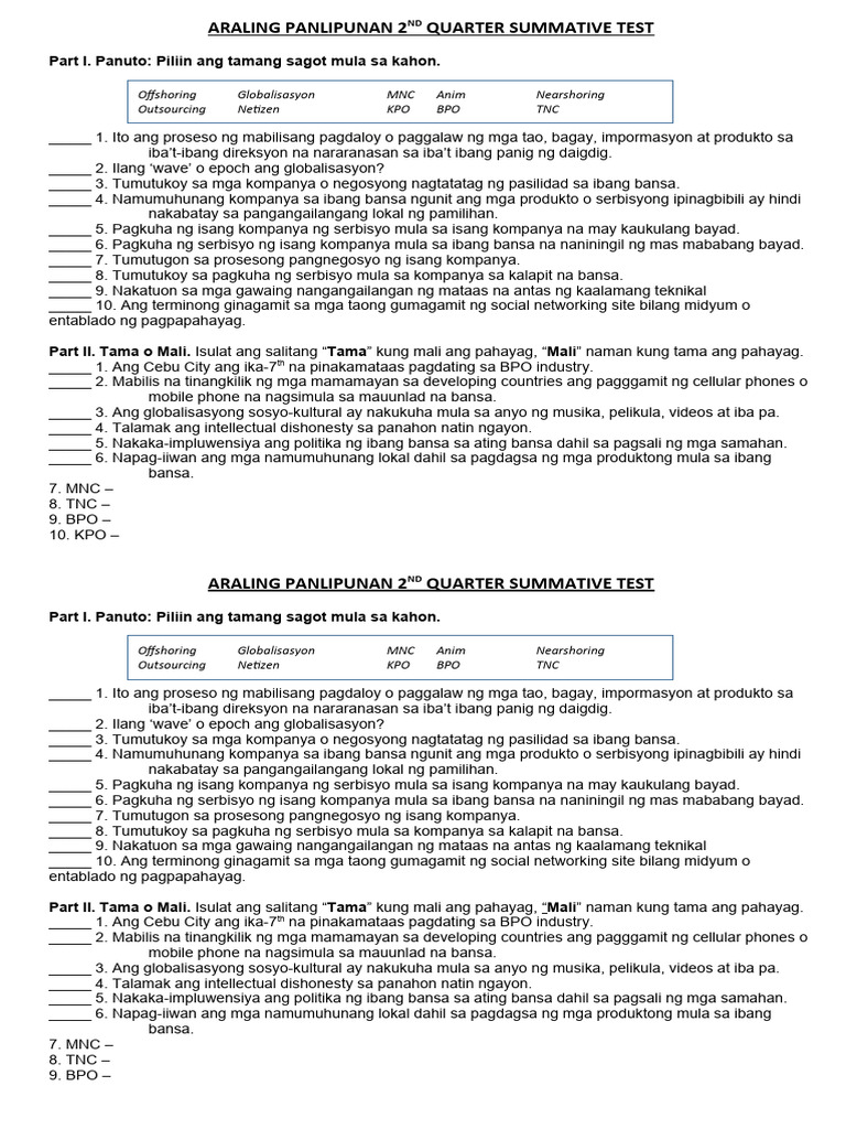 Ap 10-2ND Quarter Summative Test | PDF