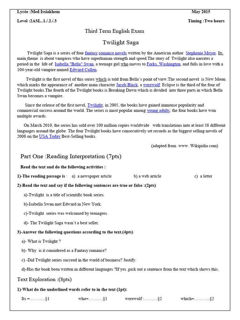 Twilight Saga Exam | PDF | Twilight (Meyer Novel) | Twilight (Novel Series)