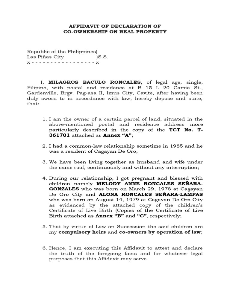 AFFIDAVIT FOR THE DECLARATION OF CO-OWNERSHIP ON REAL PROPERTY MILAGROS ...