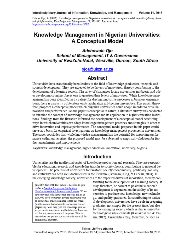 Knowledge Management in Nigerian Universities: A Conceptual Model | PDF | Knowledge Management ...