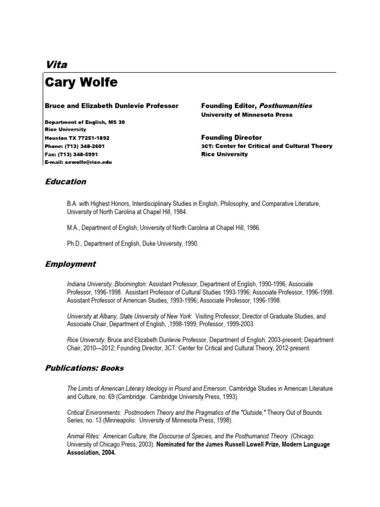 CV - Wolfe Jan2020 | PDF | Humanities | Jacques Derrida