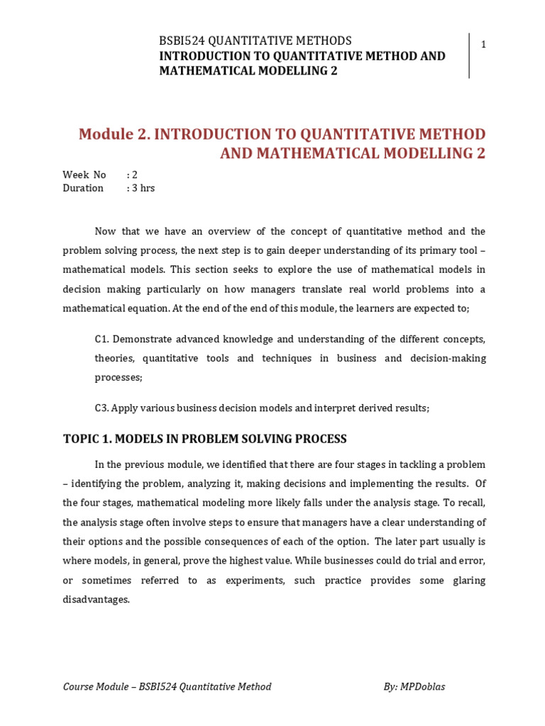 Module 2 - Intro To Modeling 2 - wk2 | PDF | Mathematical Model | Teaching Mathematics
