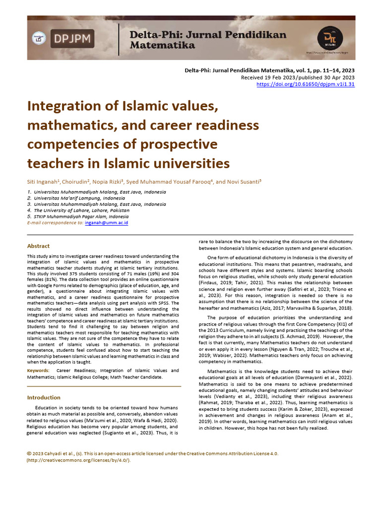 Integration of Islamic Values, Mathematics, and Career Readiness ... Integration of Islamic Values, Mathematics, and Career Readiness ...
