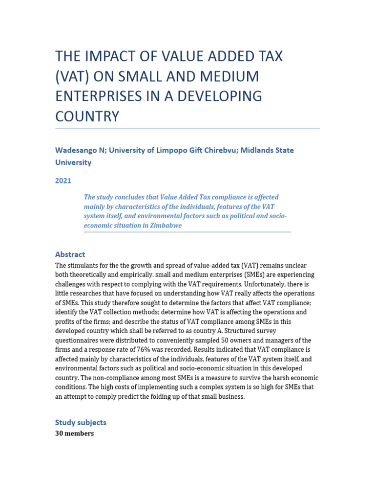The Impact of Value Added Tax Vat On Small and Medium Enterprises in A Developing Country | PDF ...