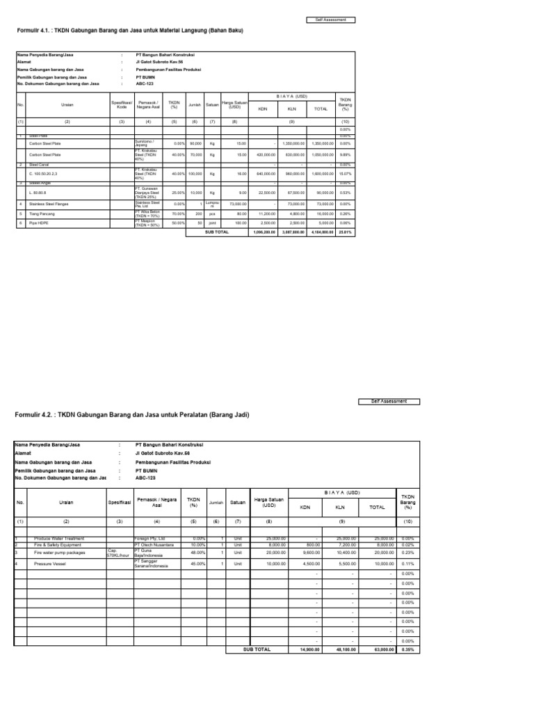 Contoh Form Isian TKDN Barang&Jasa - Depperin 123 | PDF