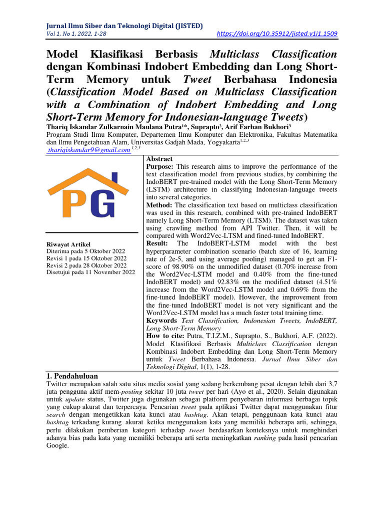 IndoBERT-LSTM for Multi-Class Tweets | PDF | Artificial Neural Network ...