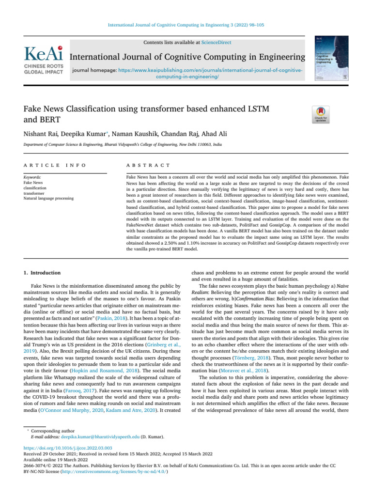 Fake News Classification Using Transformer Based Enhanced LSTM and BERT ... Fake News Classification Using Transformer Based Enhanced LSTM and BERT ...