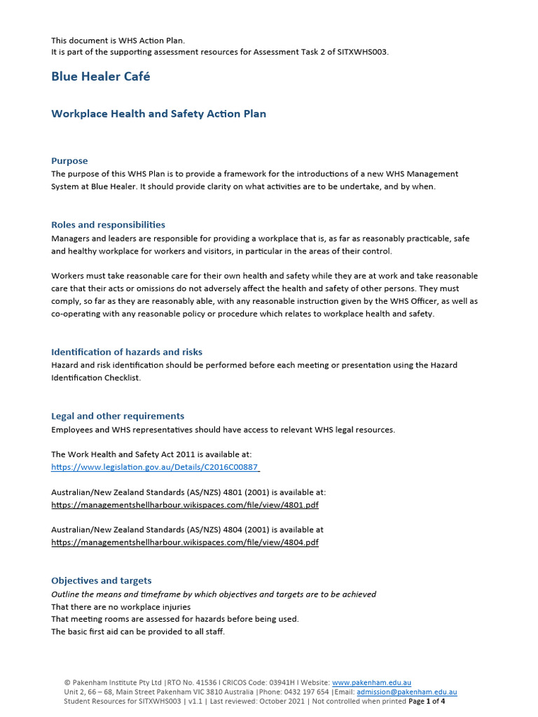 WHS Action Plan | PDF | Occupational Safety And Health | Risk