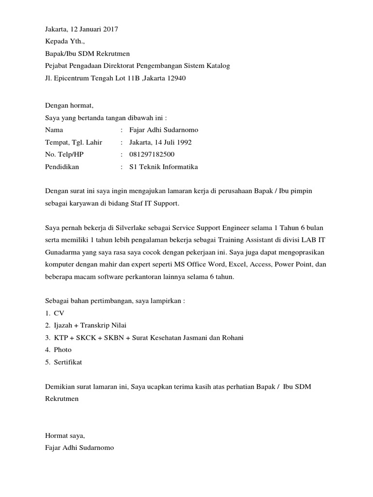 Lamaran Staf IT Support Fajar Sudarnomo | PDF