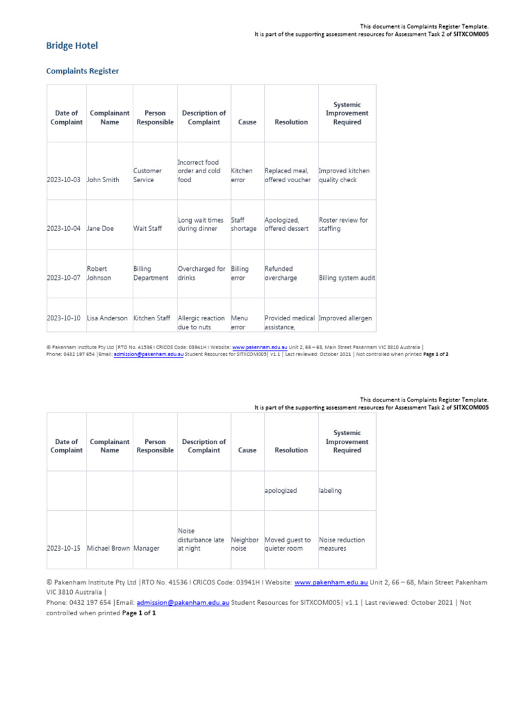 Complaints Register Template | PDF