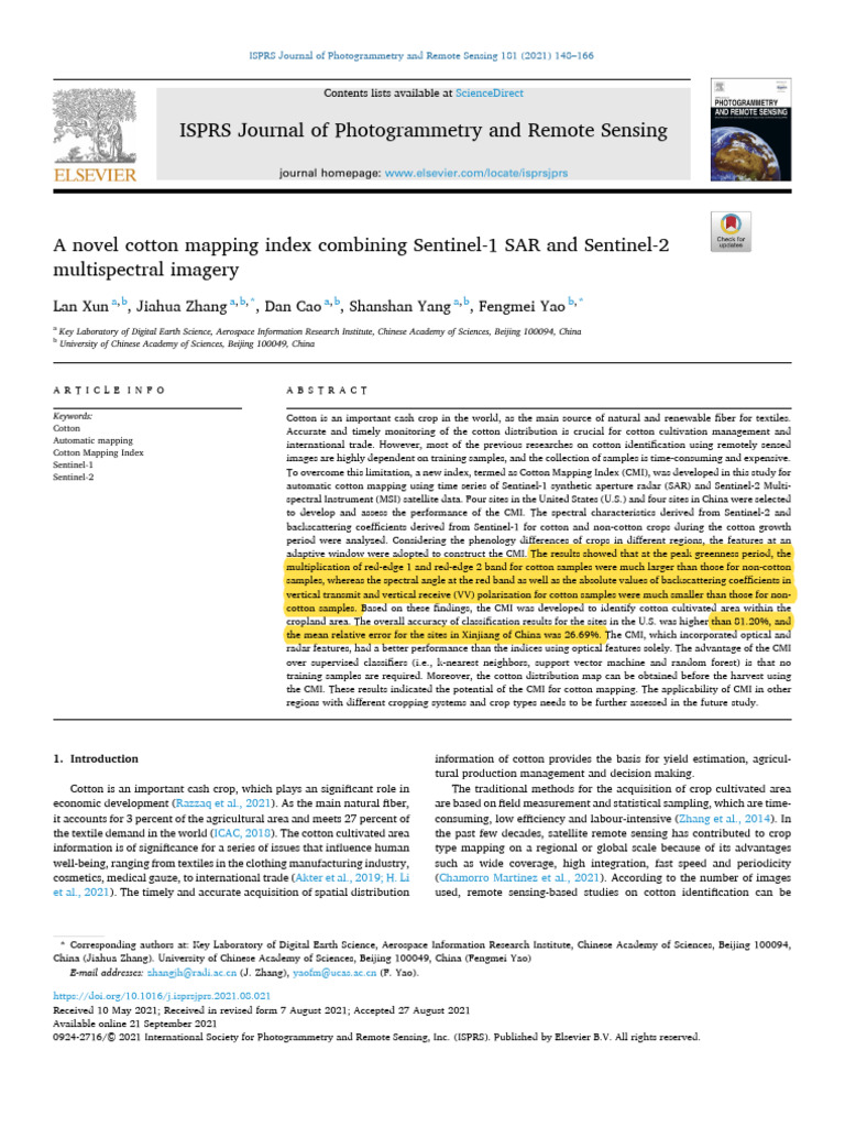 A Novel Cotton Mapping Index Combining Sentinel-1 SAR and Sentinel-2 | PDF | Remote Sensing ...