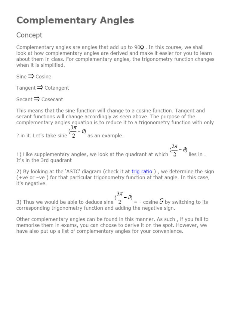 Complementary Angles | Download Free PDF | Trigonometric Functions ...