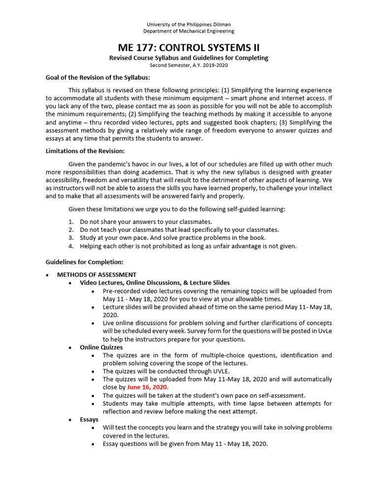 UP Diliman ME 177 Control Systems Syllabus | PDF