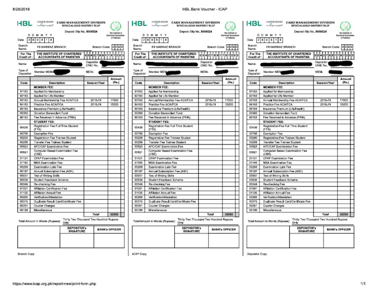 ICAP Fee Voucher F8 Branch | PDF