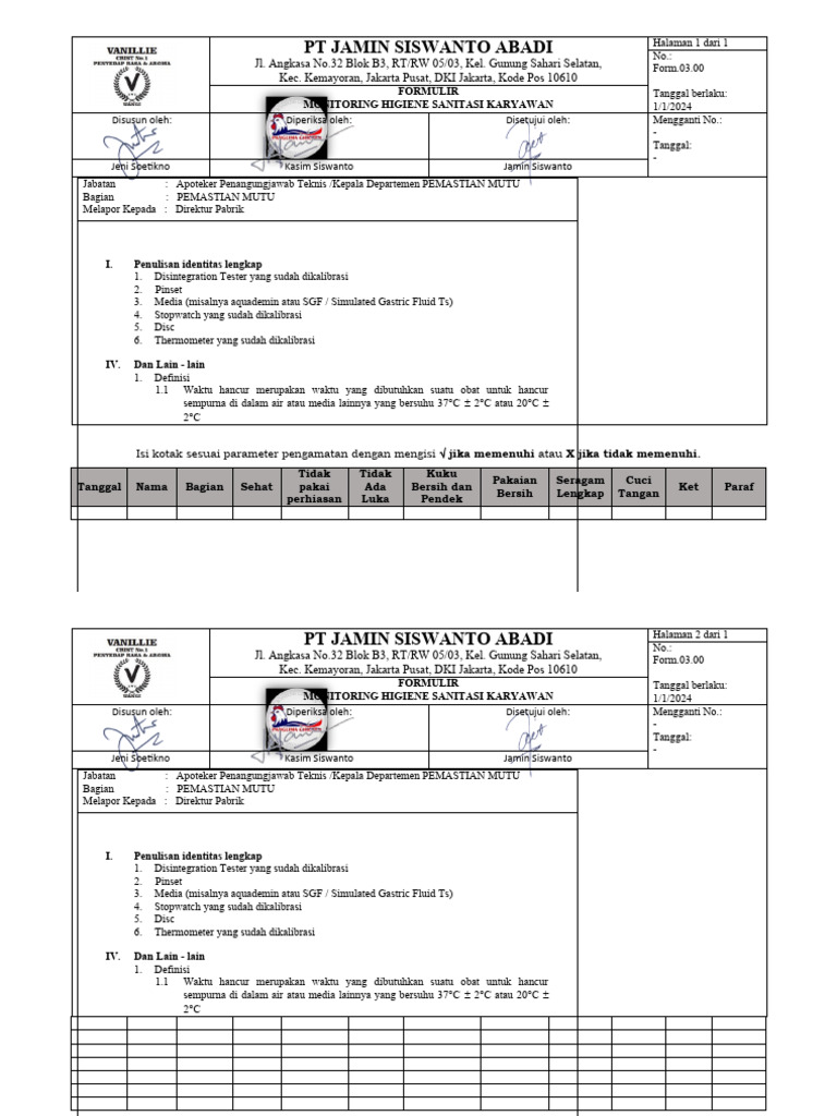 FORM-03-Formulir Monitoring Higiene Sanitasi Karyawan | PDF