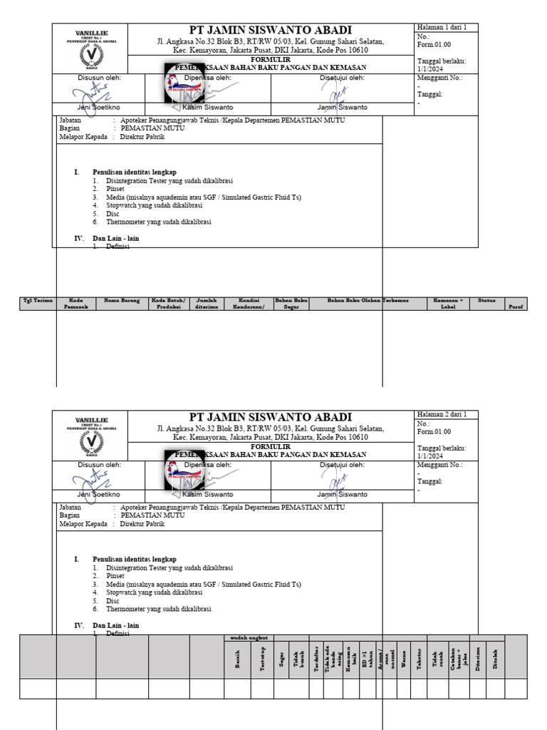 FORM-01-Formulir Pemeriksaan Bahan Baku Pangan Dan Kemasan | PDF