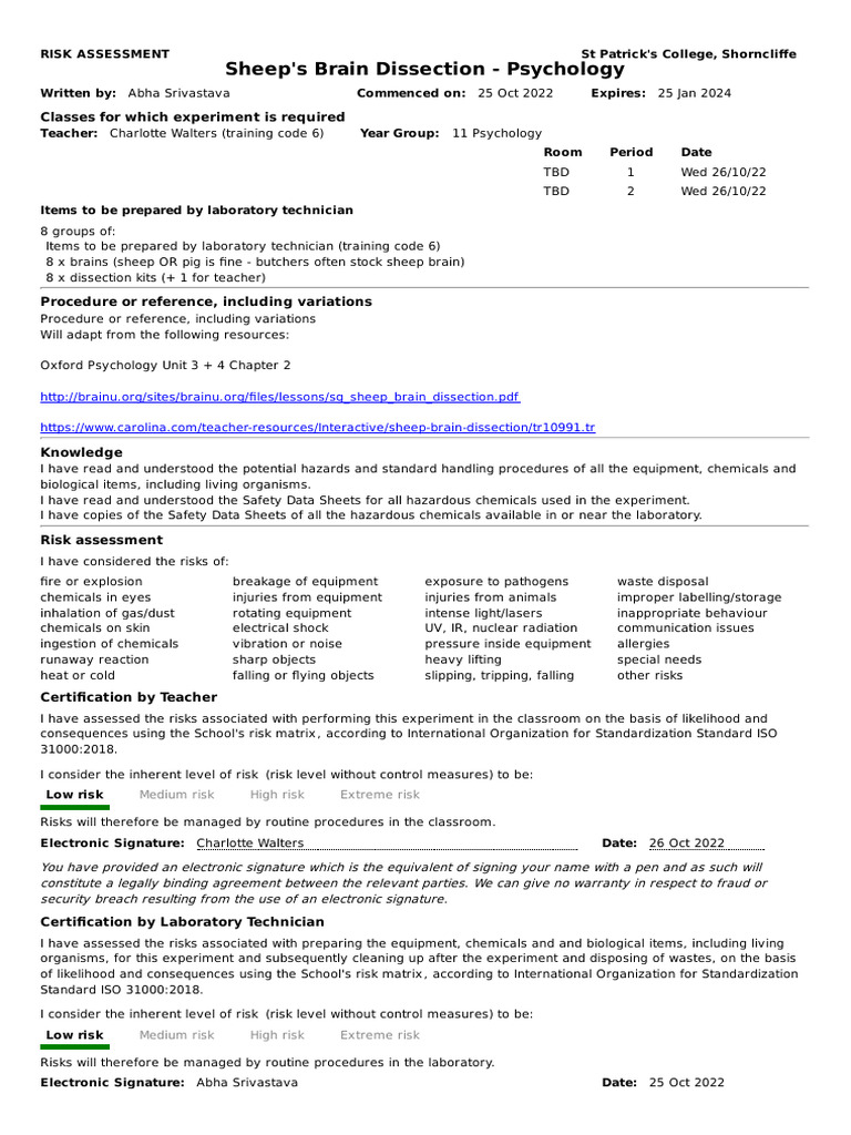 Sheep Brain Dissection Risk Assessment | PDF | Risk | Laboratories