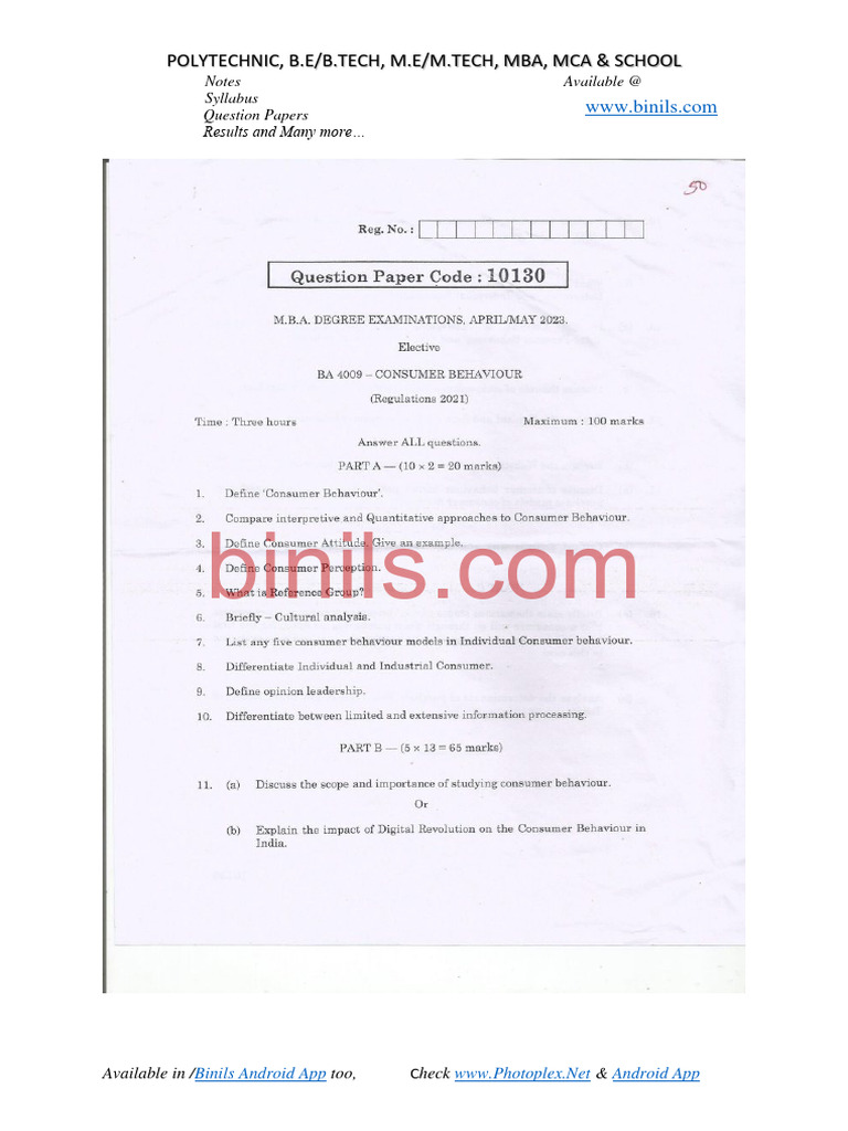 Consumer Behaviour Question Papers | PDF