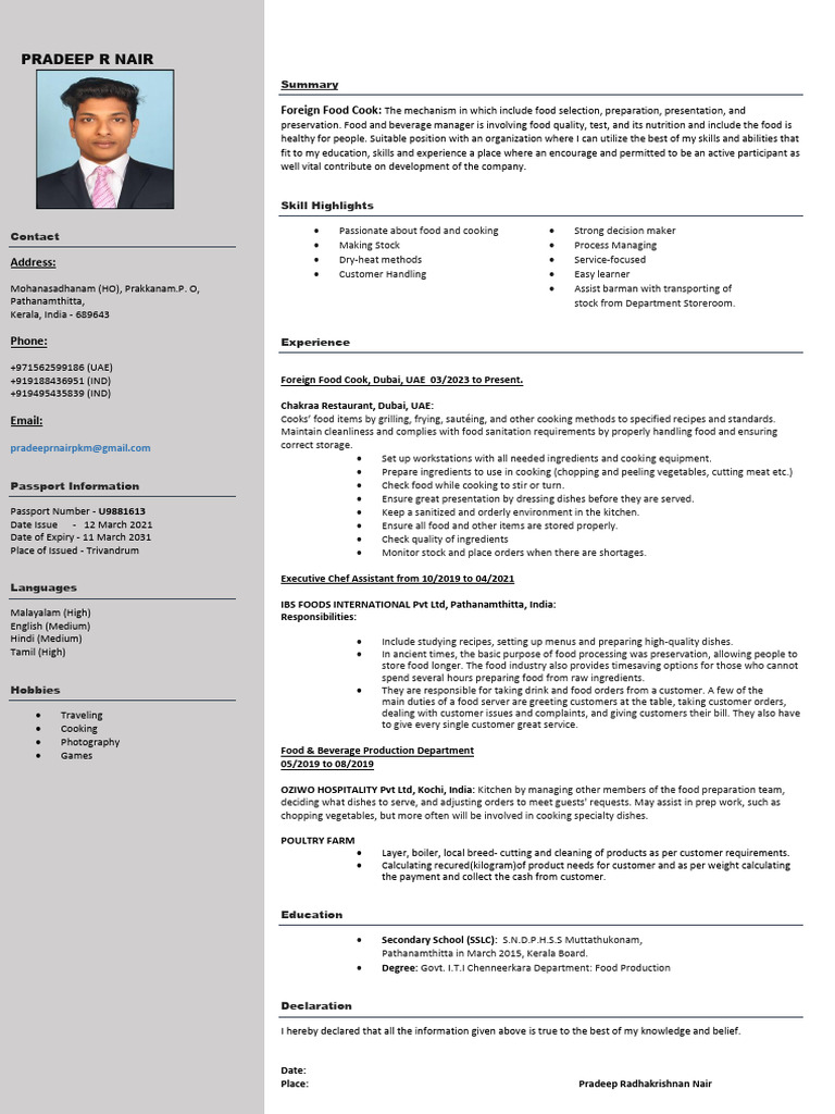 Pradeep Radhakrishnan - CV 2023 | PDF | Cooking | Waiting Staff