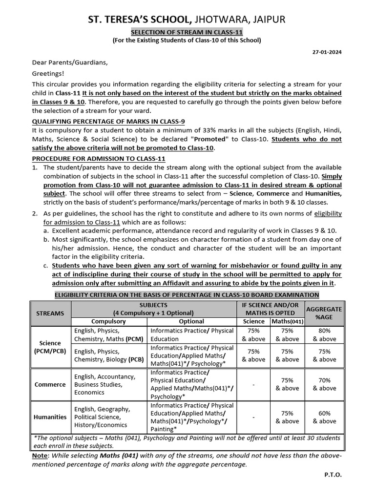 Selection of Stream in Class-11 | PDF