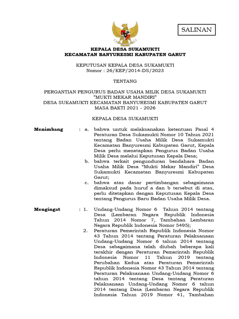 SK Baru Pengurus BUM Desa 2021 - 2026 Salinan | PDF