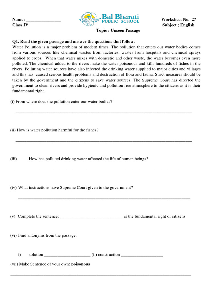 Reading Comprehension Class 4 Pdf 
