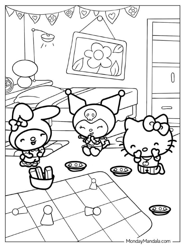 Kuromi Laughing With My Melody and Hello Kitty Coloring Page | PDF