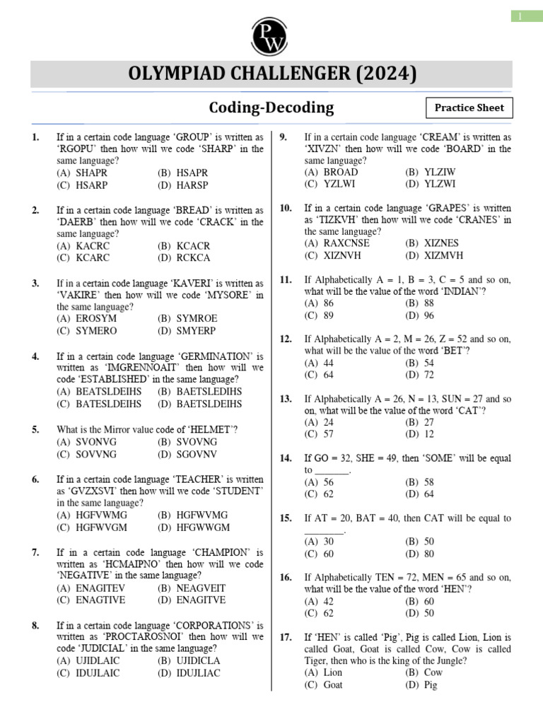 Coding - Decoding - Practice Sheet - (Olympiads Challengers) | Download Free PDF | Linguistics