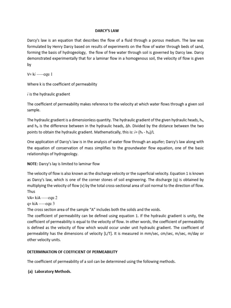 Darcy's Law | PDF | Mechanical Engineering | Environmental Technology Darcy's Law | PDF | Mechanical Engineering | Environmental Technology