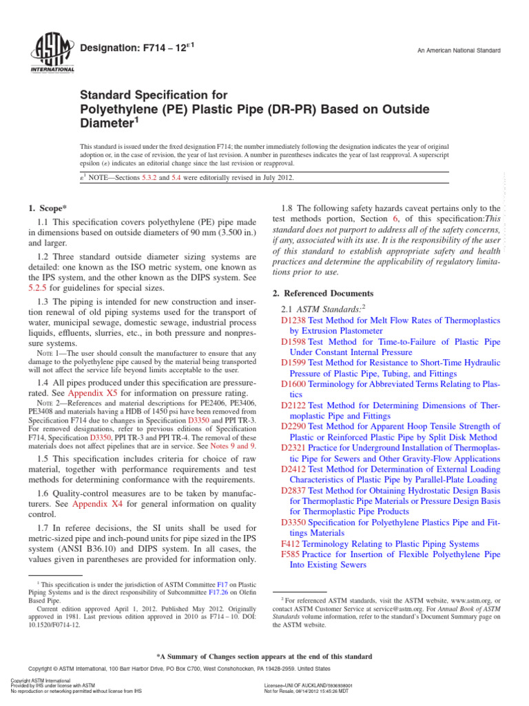 ASTM F714__12 | PDF | Pipe (Fluid Conveyance) | Polyethylene