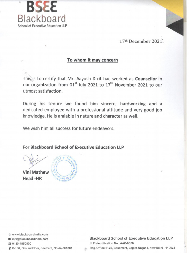 Experience Letter - Aayush Dixit | PDF