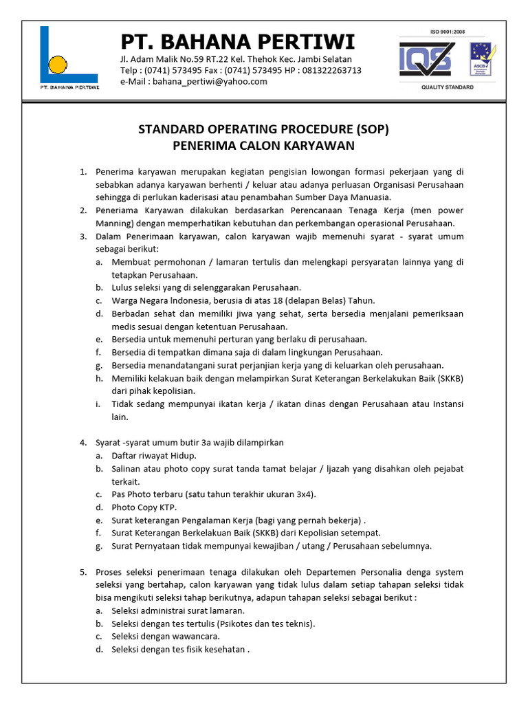 SOP Penerimaan Karyawan PT. Bahana Pertiwi | PDF