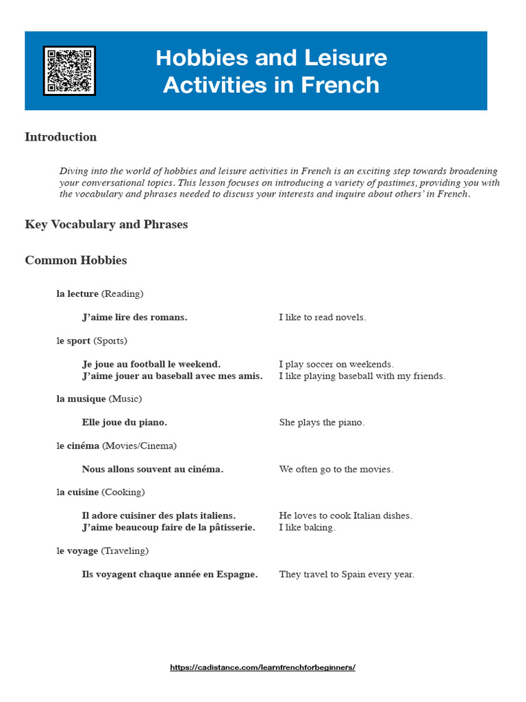 French Hobbies Vocabulary Guide | PDF | Verb | French Language