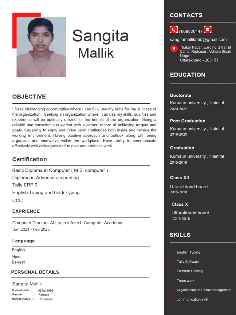 Sangita Mallik CV 1 | PDF | Cognition | Cognitive Science