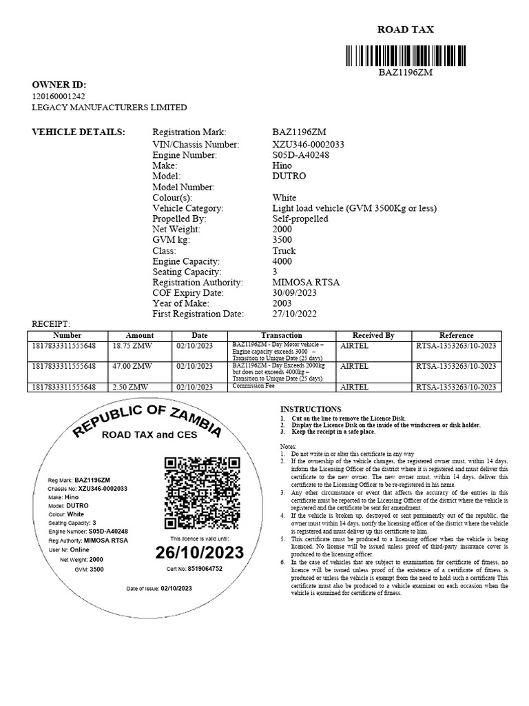 RTSA Road Tax Certificate Details | PDF | Land Transport | Manufactured ...