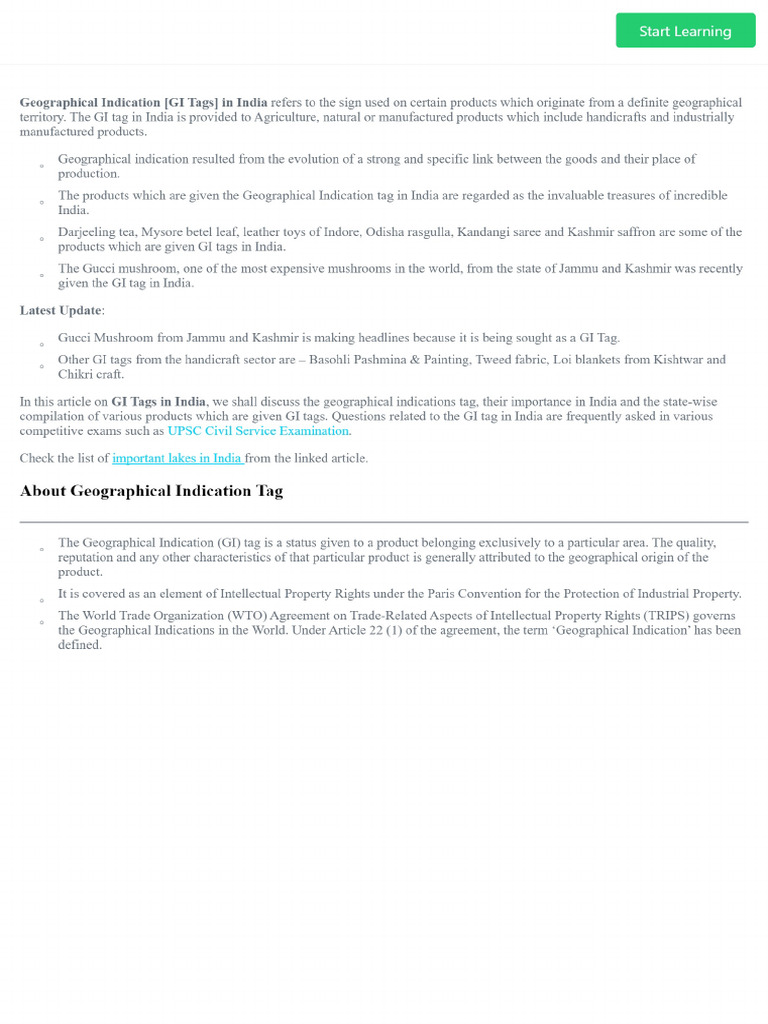 Geographical Indication [GI Tags In India]_ Statewise List Info! | PDF