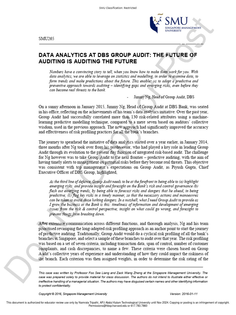 Data Analytics At Dbs Group Audit The Future Of Auditing Is Auditing The Future Pdf Audit