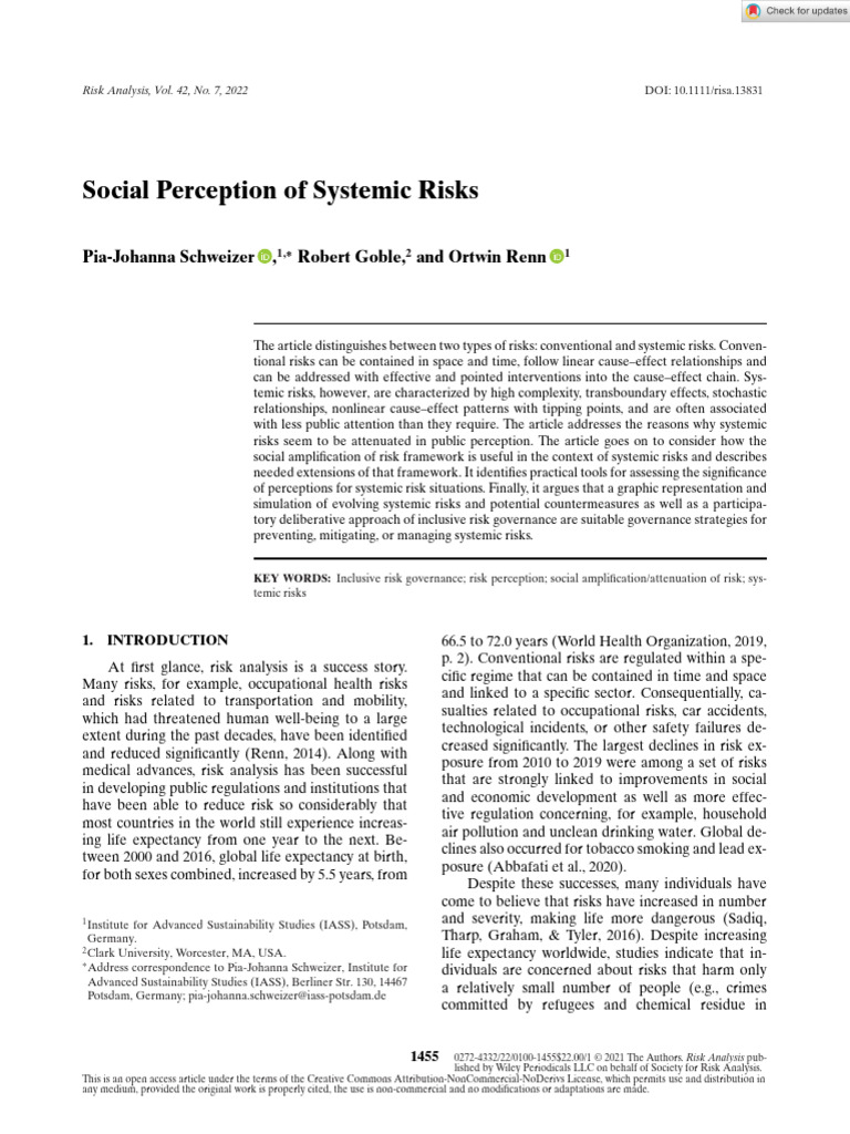 Risk Analysis - 2021 - Schweizer - Social Perception of Systemic Risks ... Risk Analysis - 2021 - Schweizer - Social Perception of Systemic Risks ...