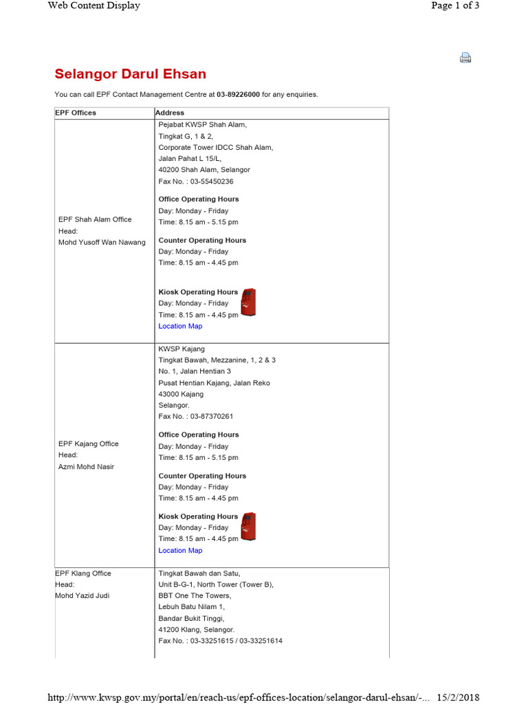 KWSP Selangor Office Hours and Contacts | PDF