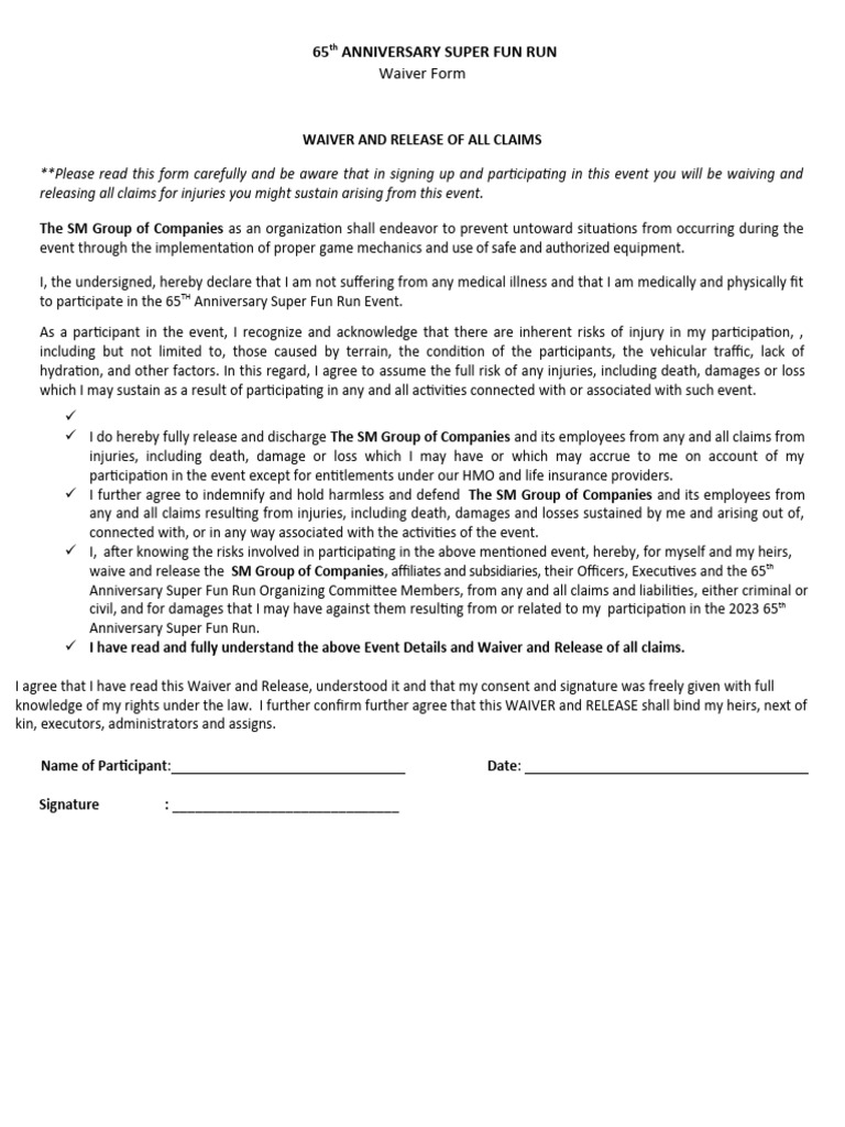 65th Anniversary Super Fun Run - Waiver - 2023 | PDF | Indemnity | Civil Law (Legal System)