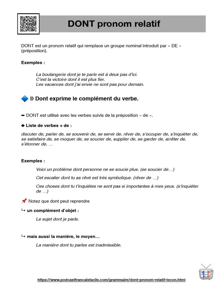 Utilisation du pronom relatif "dont" | PDF | Pronom | Verbe
