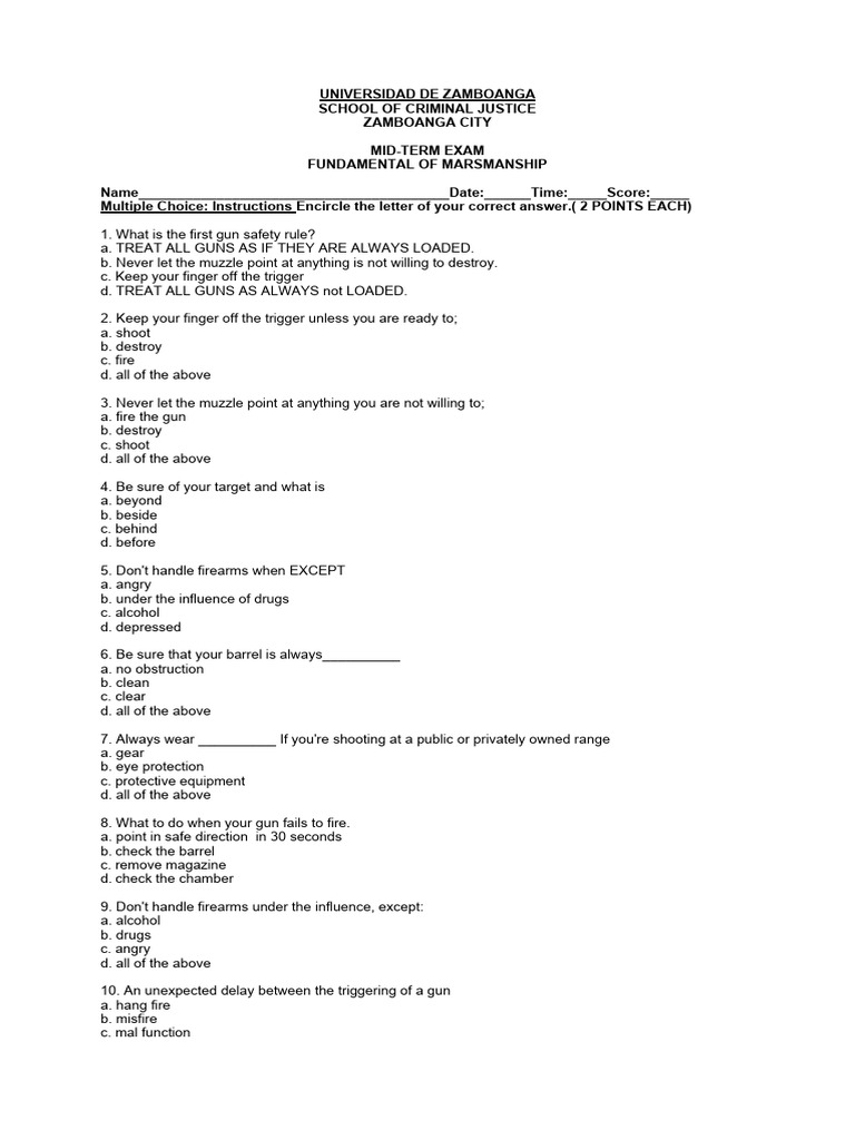 Gun Safety and Marksmanship Exam | PDF | Gun Barrel | Trigger (Firearms)