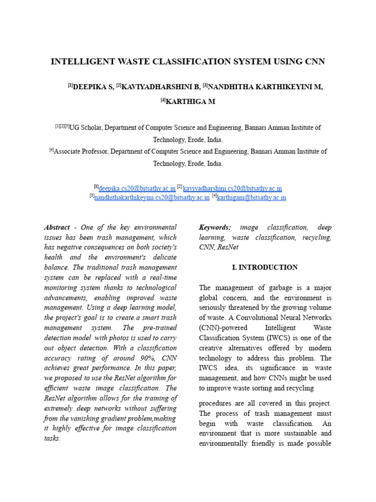 Intelligent Waste Classification System Using CNN | PDF | Recycling | Deep Learning