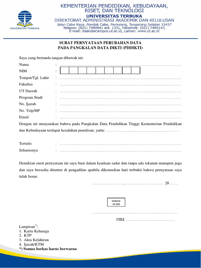 Form Surat Pernyataan PDDIKTI | PDF