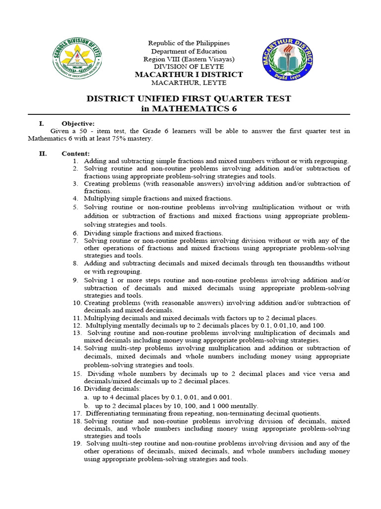 District Unified First Quarter Test in Math 6 | Download Free PDF ...